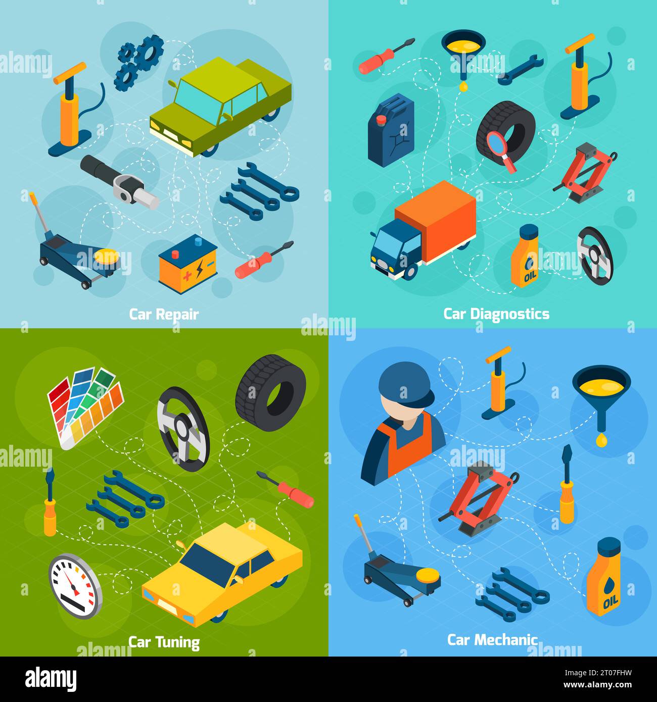 Car mechanic diagnostics repair and tuning isometric icons set isolated ...