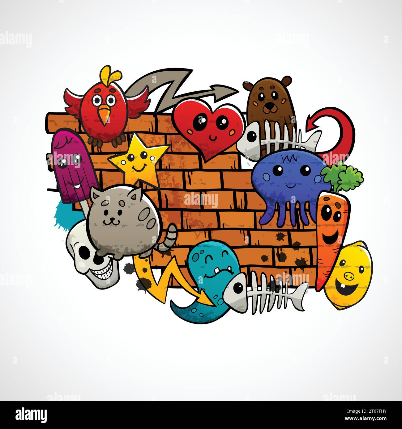 Graffiti cartoon animals fruit and abstract characters around brick ...