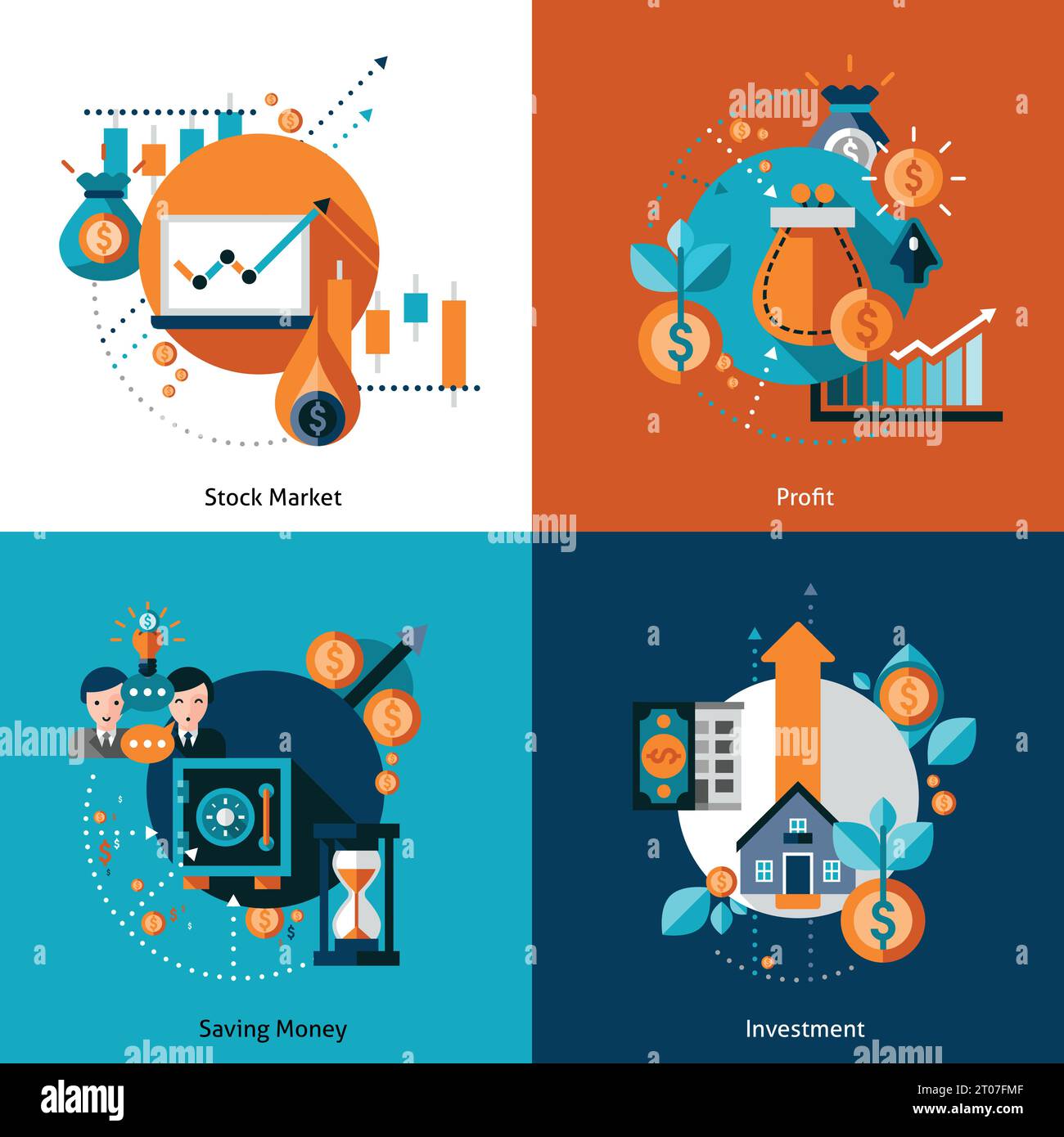 Investment design concept set with money saving and stock market profit ...