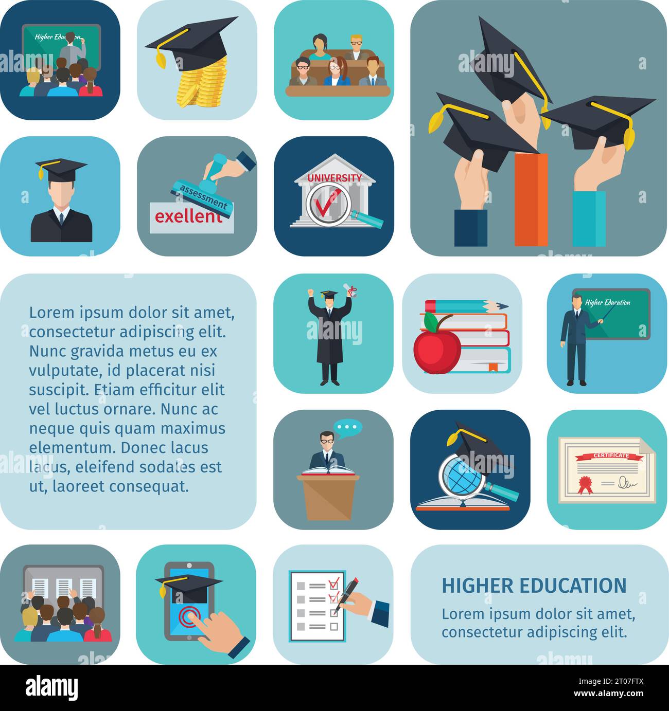 Higher education icons flat set with examination and learning symbols ...