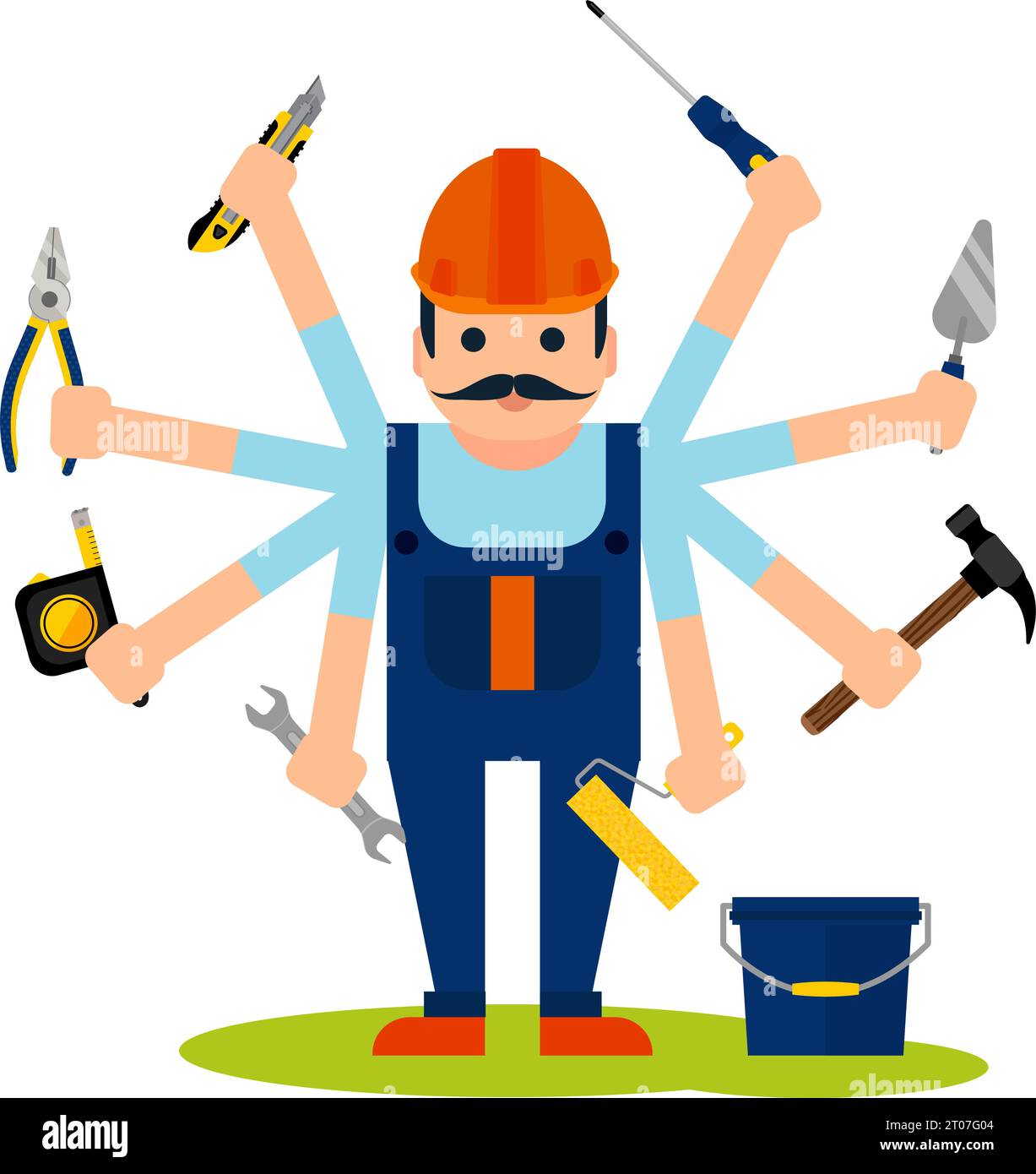 Flat style concept of handyman worker with 8 hands and tools for house ...