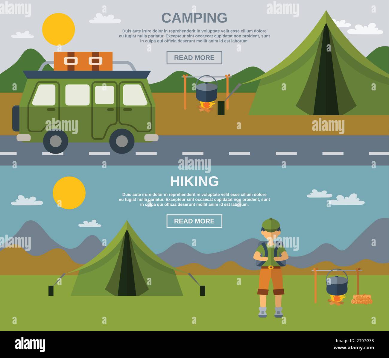 Camping horizontal banner set with hiking flat elements isolated vector ...