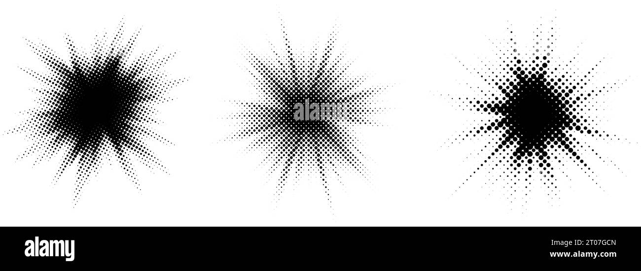 Halftone burst element set. Pop art dotted explosion blast collection ...