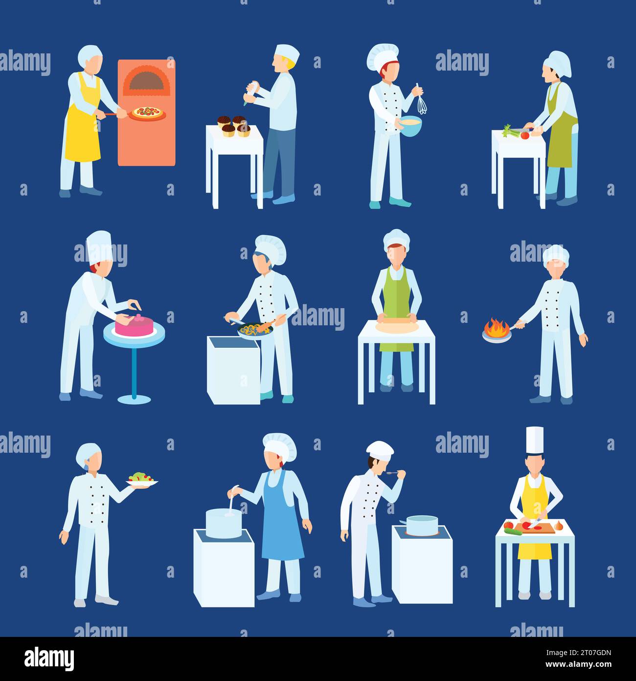 Chefs and pastry cooking process cut boil grill and blend flat color ...