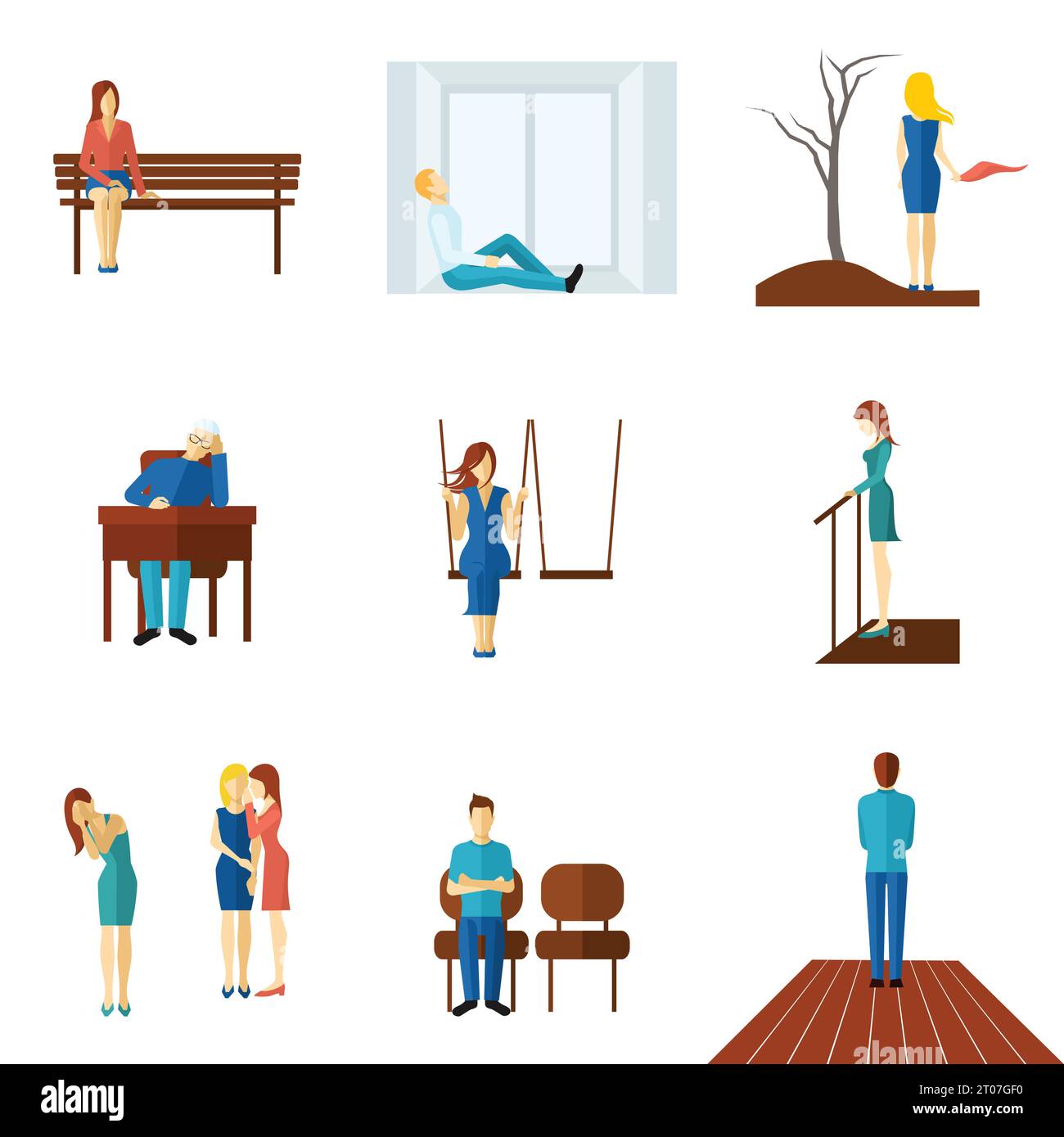 Lonely and unhappy people young and old man and woman flat color icon ...