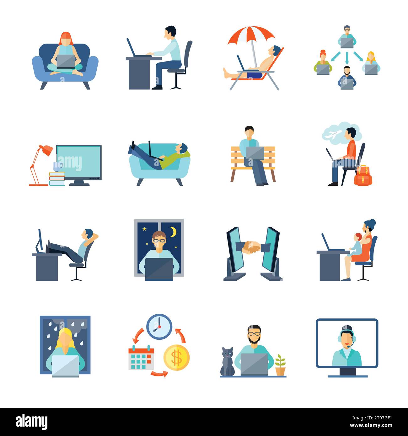 Freelance icons set with working at home rest and laptop flat isolated ...