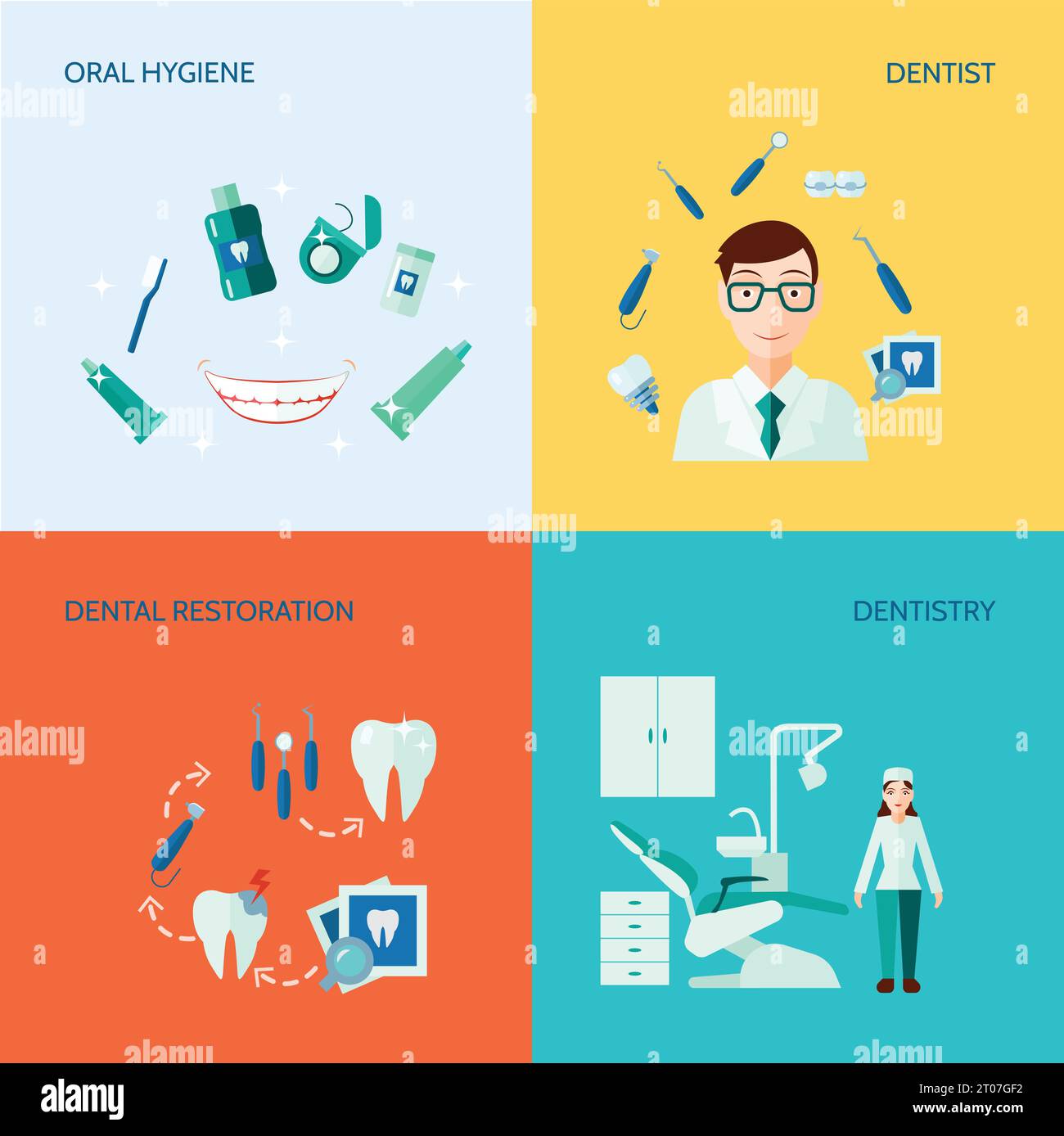 Dental treatment care and oral hygiene flat color decorative icon set ...
