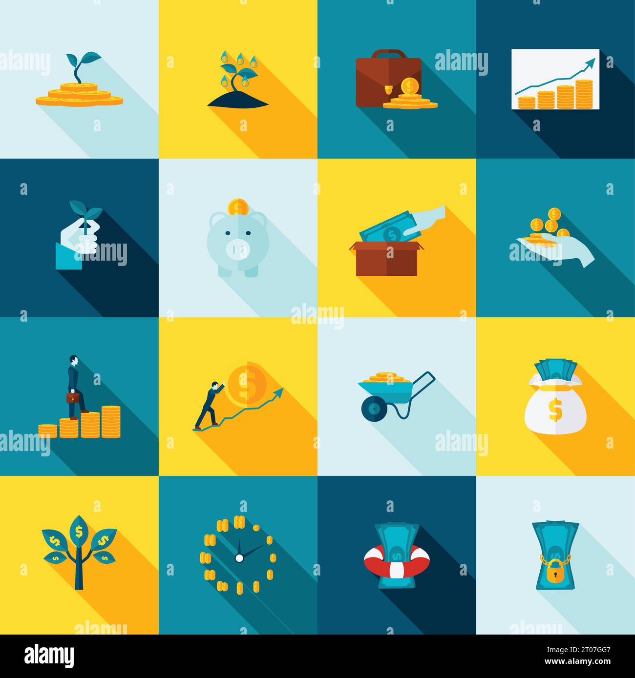 Money coins tree and box rich and wealth flat color long shadows icon ...