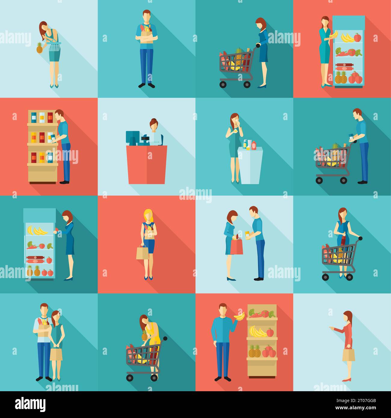 Buyers and customers human shopping and billing scene flat color long ...