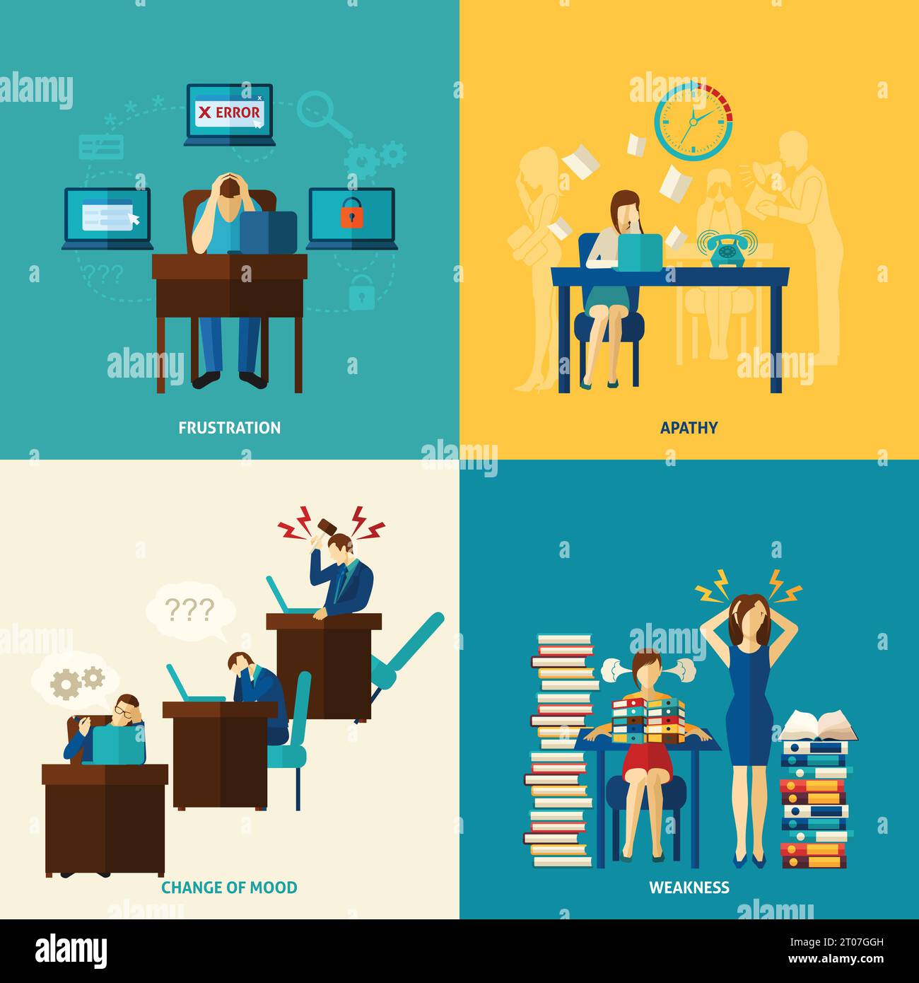 Frustration design concept set with weakness and apathy flat icons ...