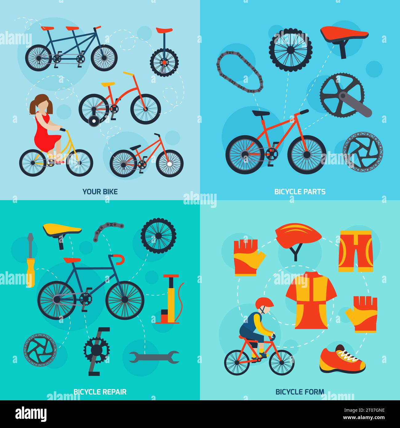 Cycling and repairing your bike on city road 4 flat icons composition ...