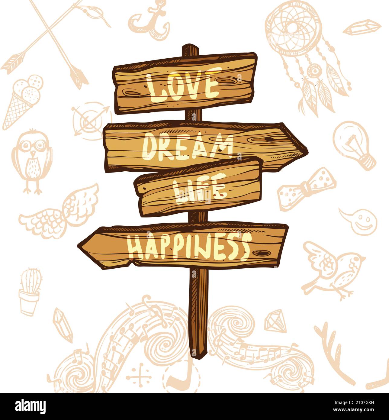 Wooden sign board with direction arrows on decorative background color ...