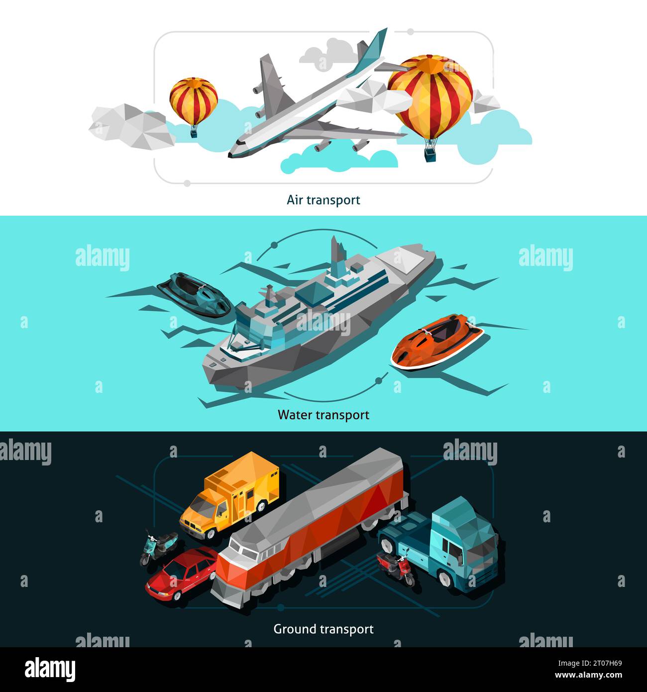 Transport horizontal banners set with low poly isometric air water and ...