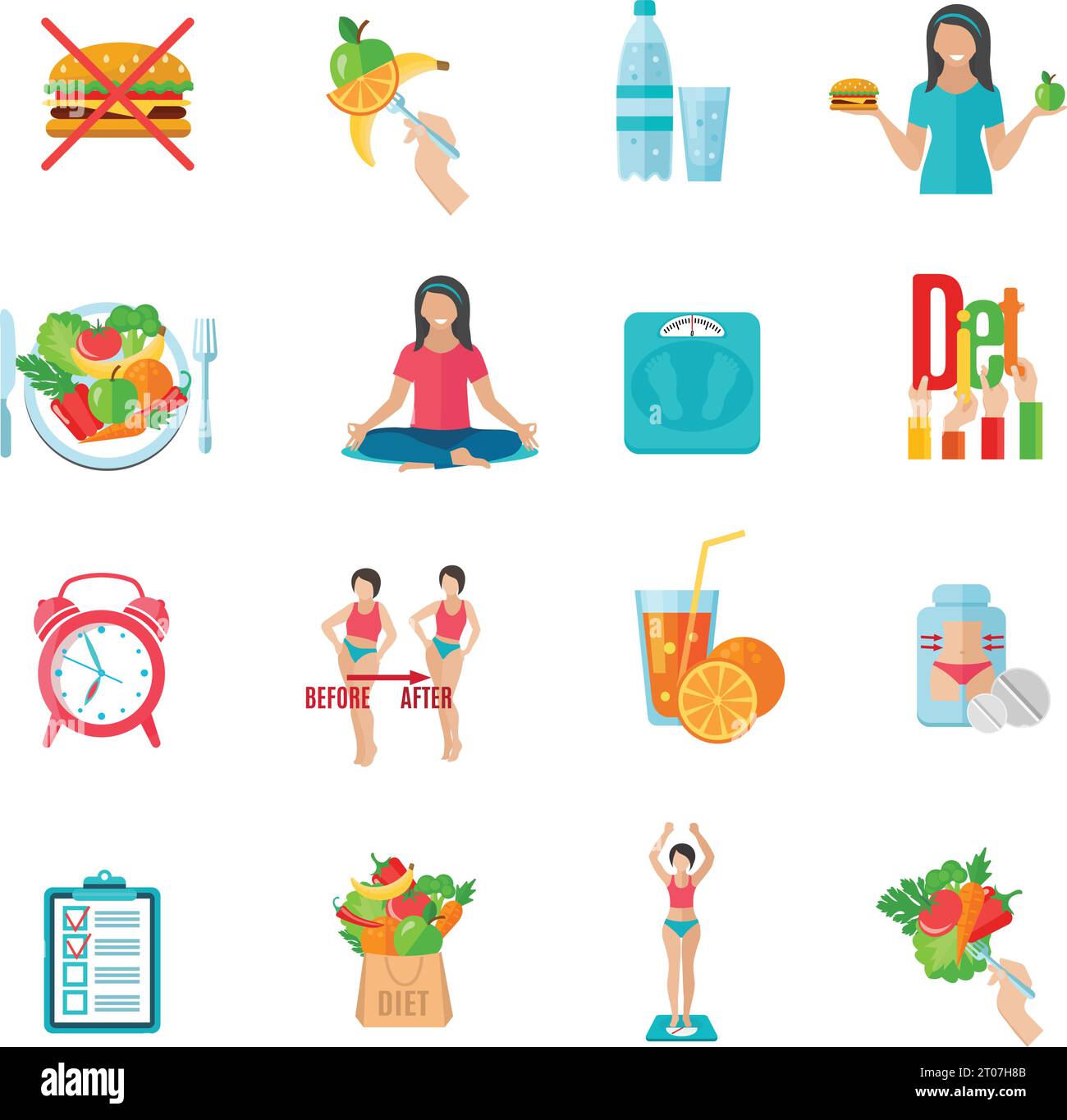 Weight loss healthy diet plan flat icons set with natural food and ...