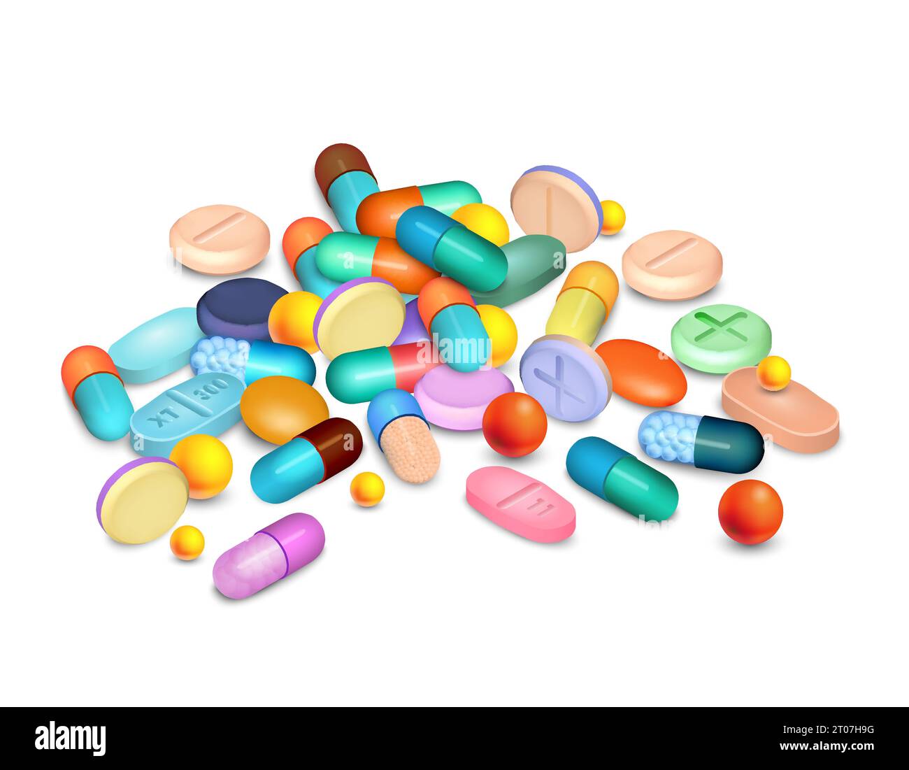 Colored pills and granules medical realistic composition on white ...