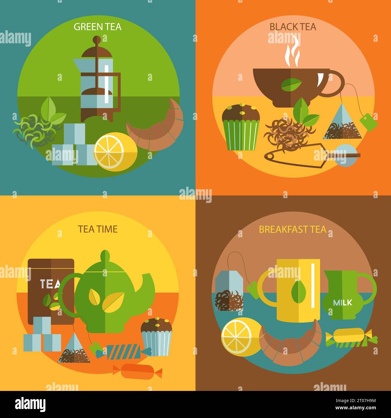 English afternoon black and green tea time 4 flat icons square ...