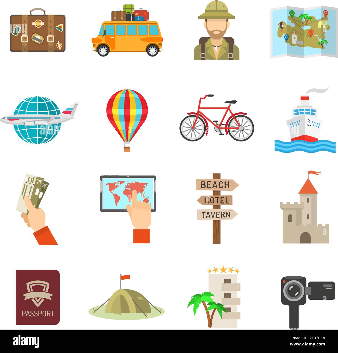 Travel icons flat set with tent ticket and passport isolated vector ...