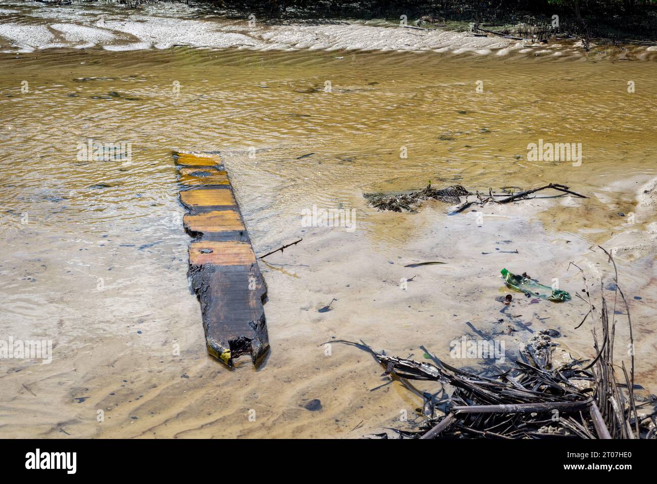 Branches and piece of wood floating in a yellow river. Changing ...