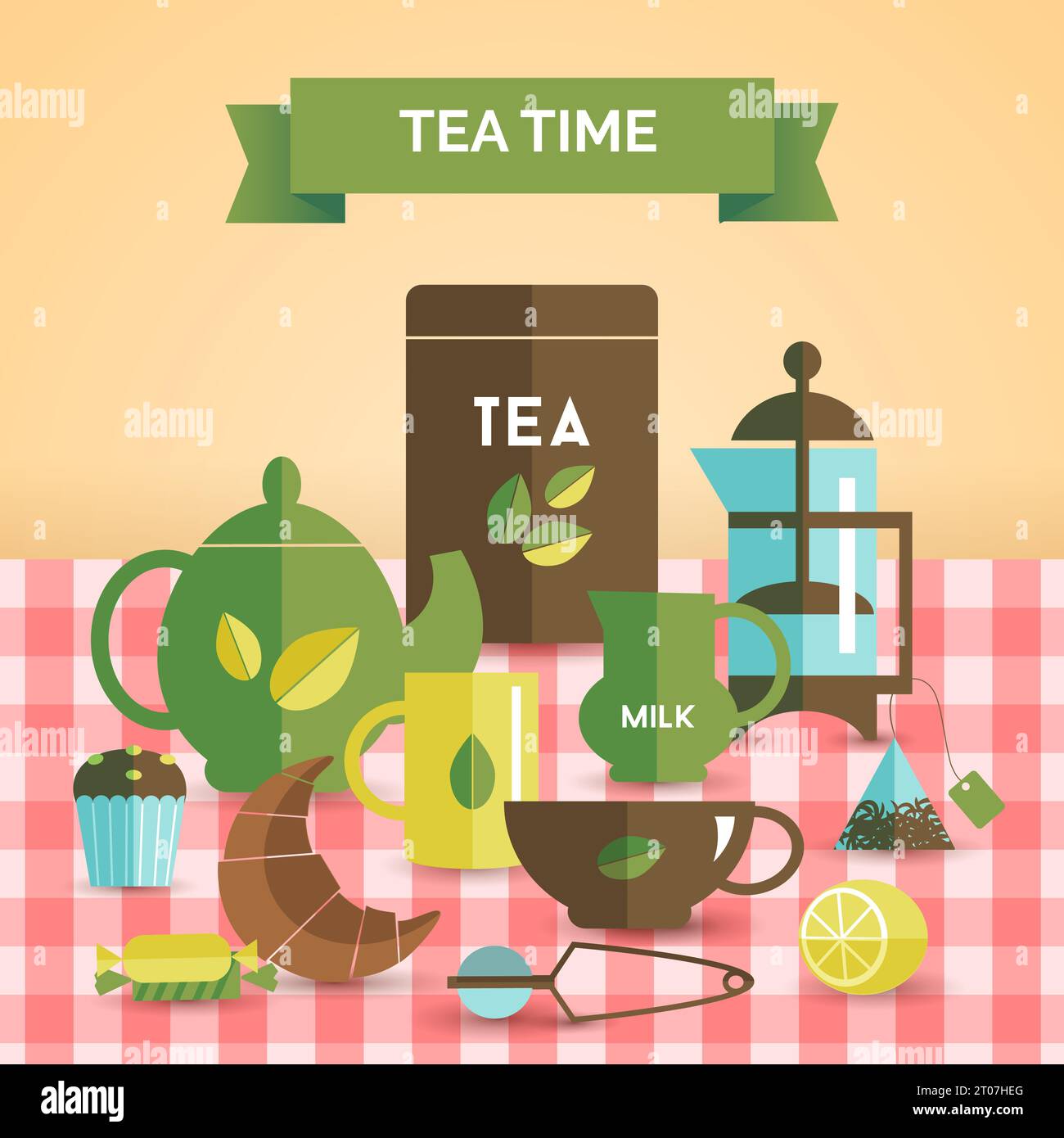 British traditional high tea time retro style poster with teapot ...