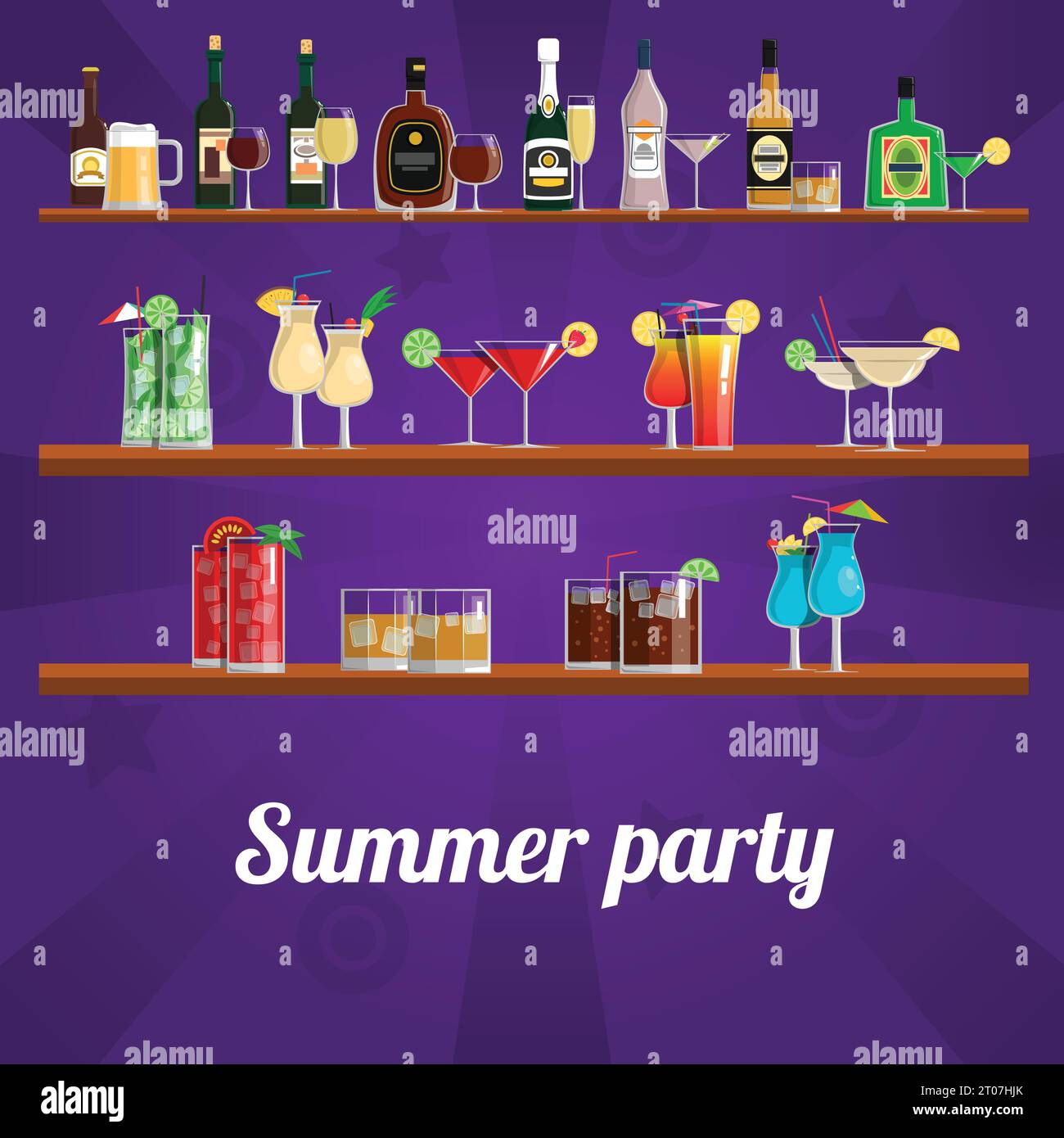 Summer cocktail party concept with drinks and refreshments on shelves ...