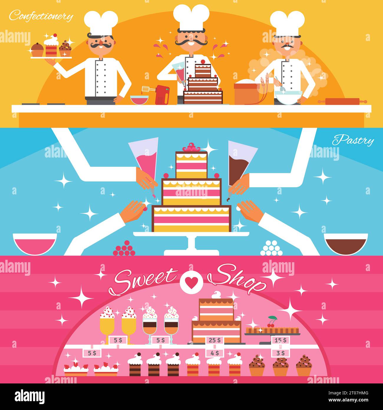 Confectionery and sweet shop horizontal banners set with cake and ...