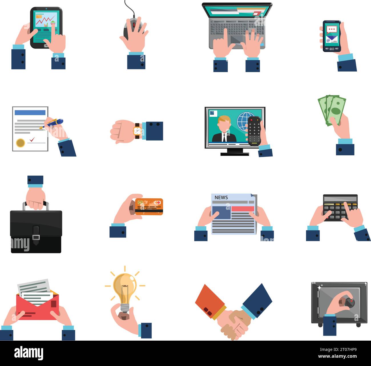 Business hands holding different commerce and financial symbols icons ...