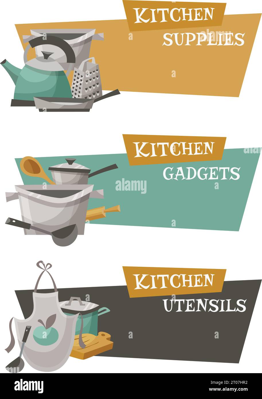 Kitchen utensils icons set with gadgets supplies and titles flat ...