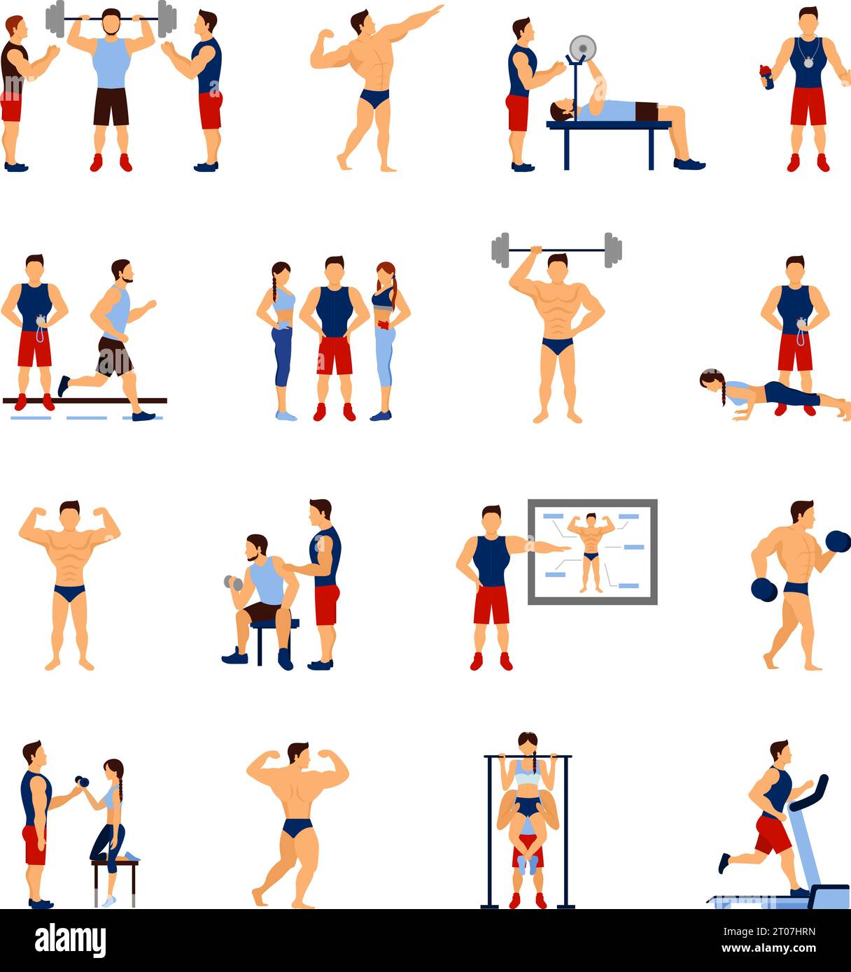 Gym coach and personal trainer flat icons set isolated vector ...