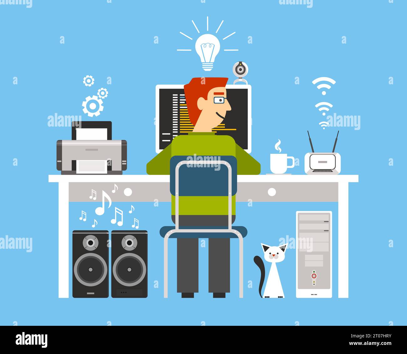 Programmer on workplace with computer devices with process symbols and ...