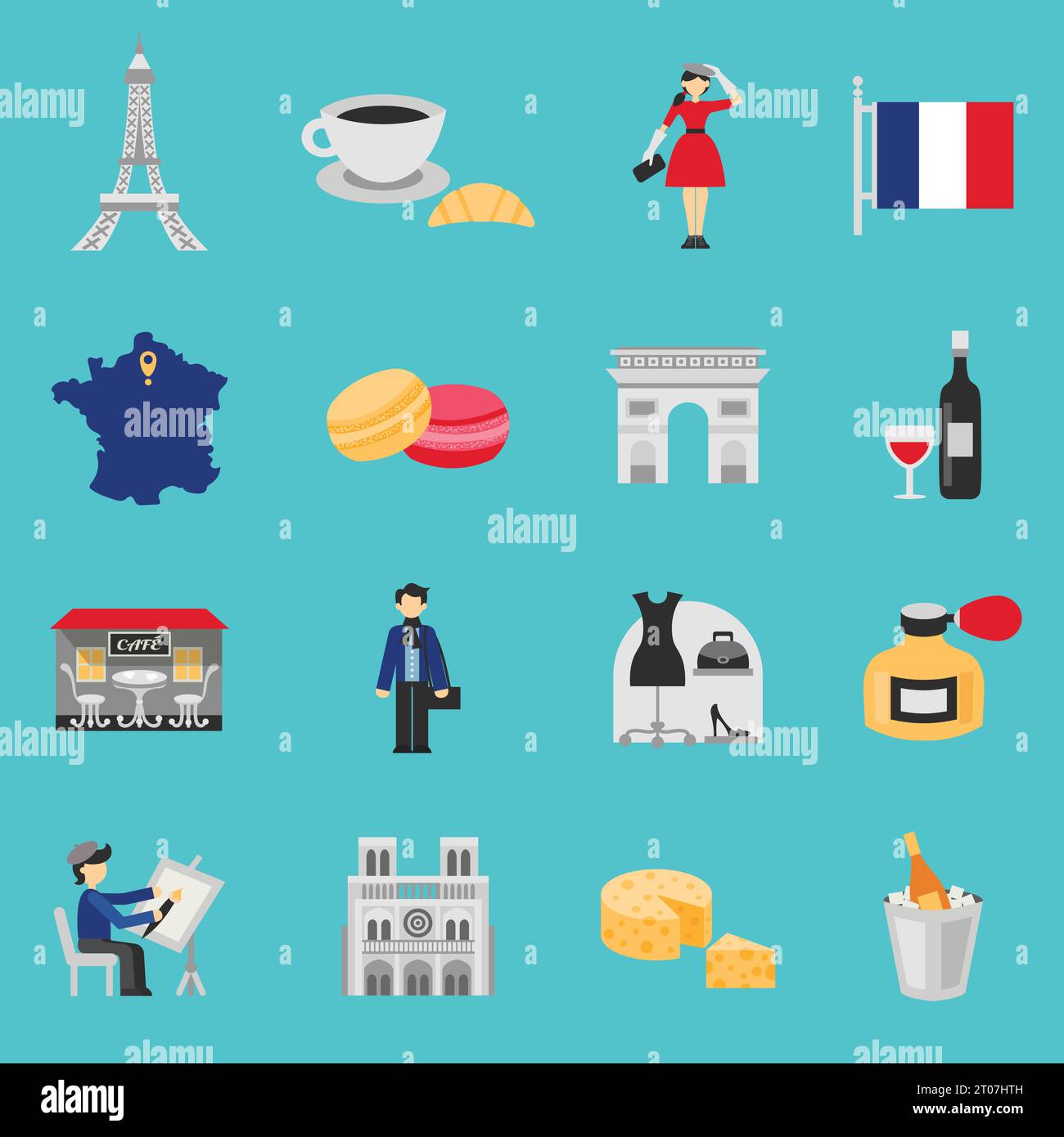 France icons flat set with wine coffee and cheese isolated vector ...
