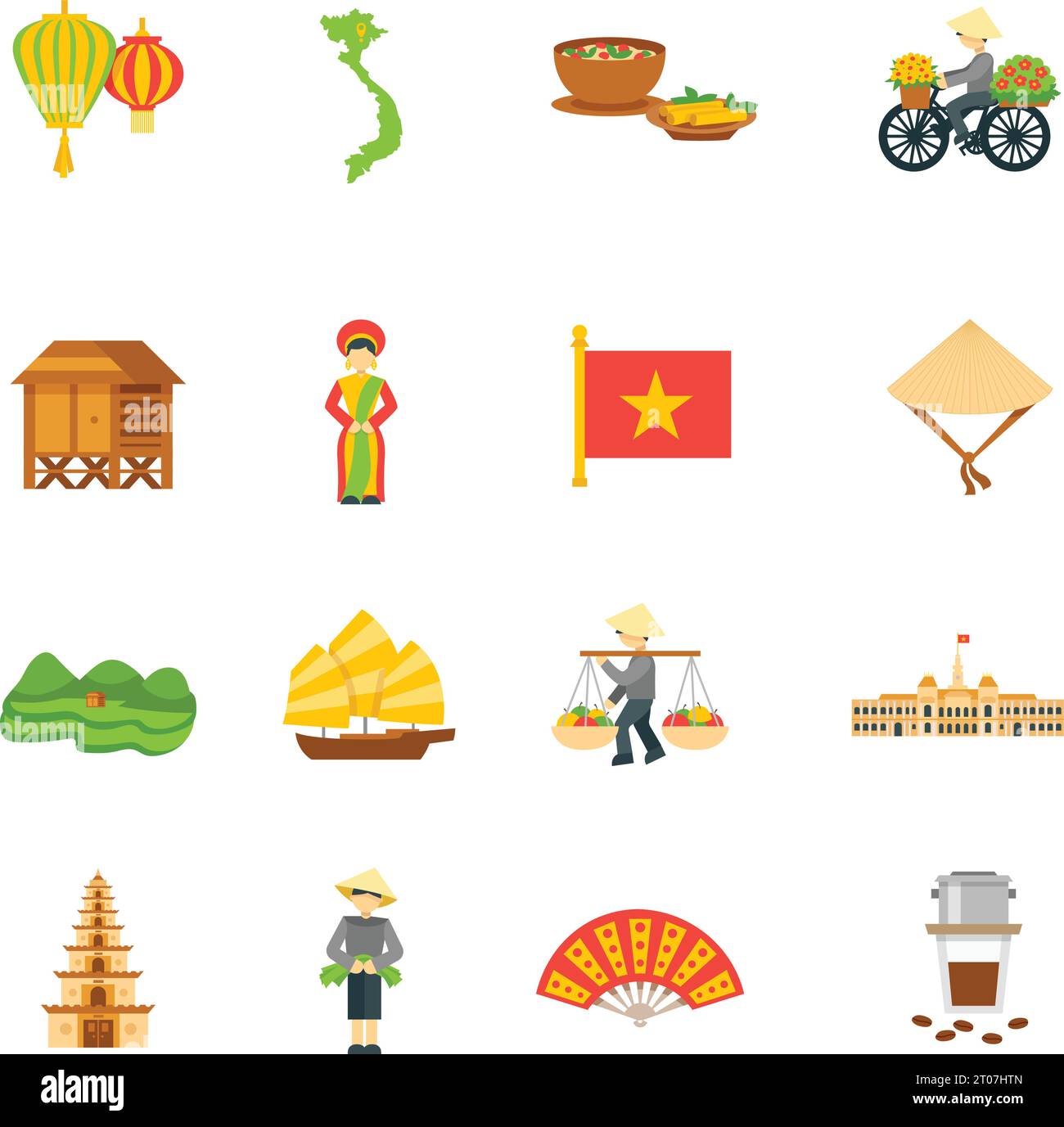 Vietnam travel icons set with palace food and map flat isolated vector ...