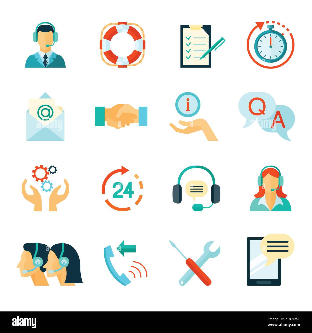 Flat style color icons collection of fast customer support and ...