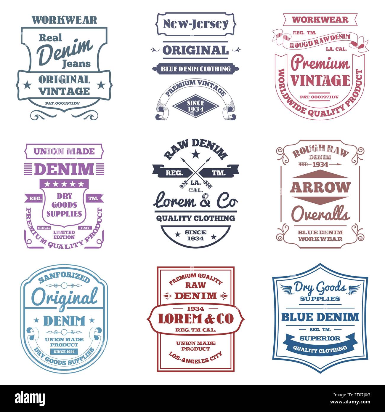 Denim typography emblems premium quality work wear labels set isolated ...