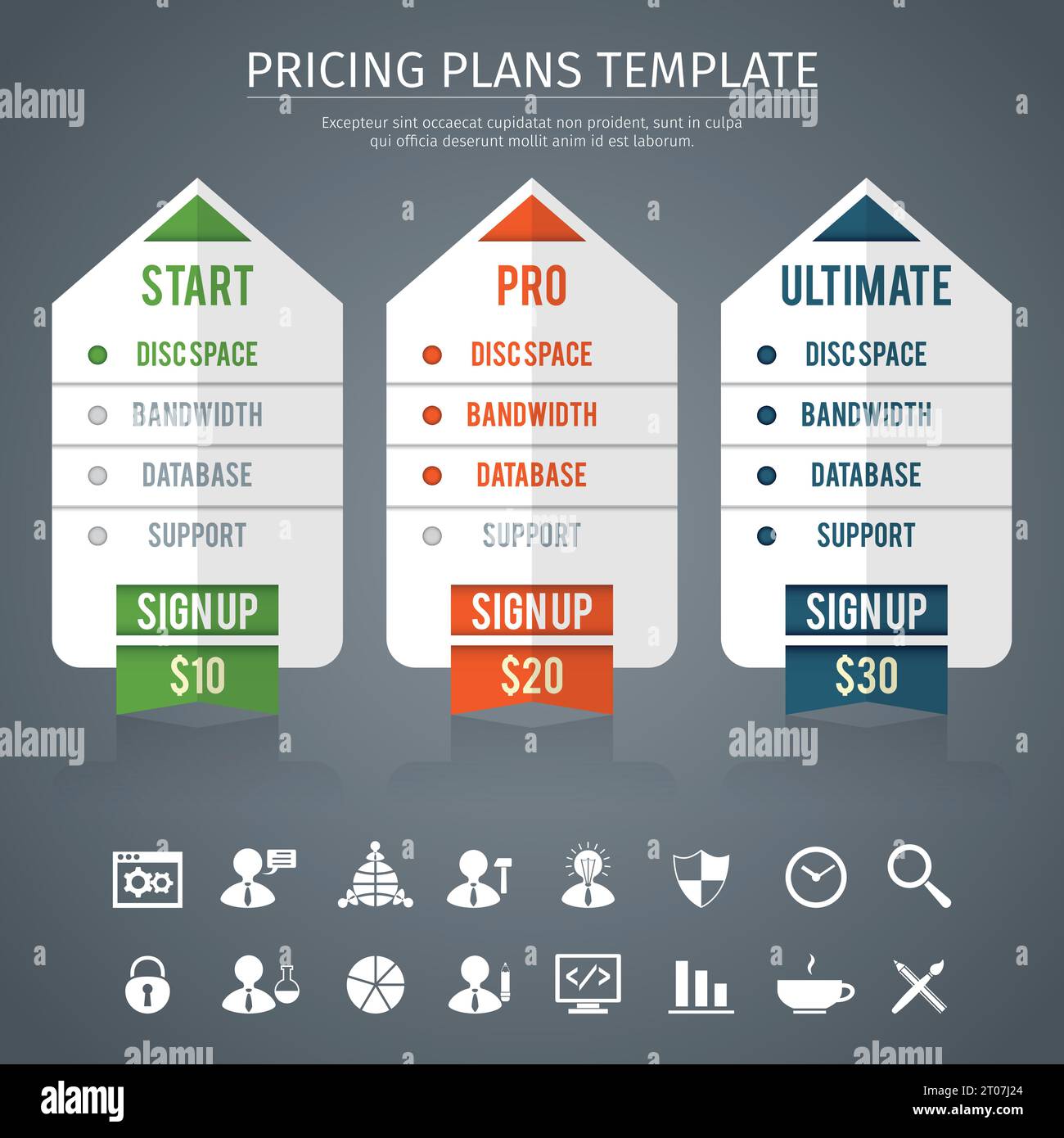 Pricing plan template with start pro and ultimate rates on grey ...