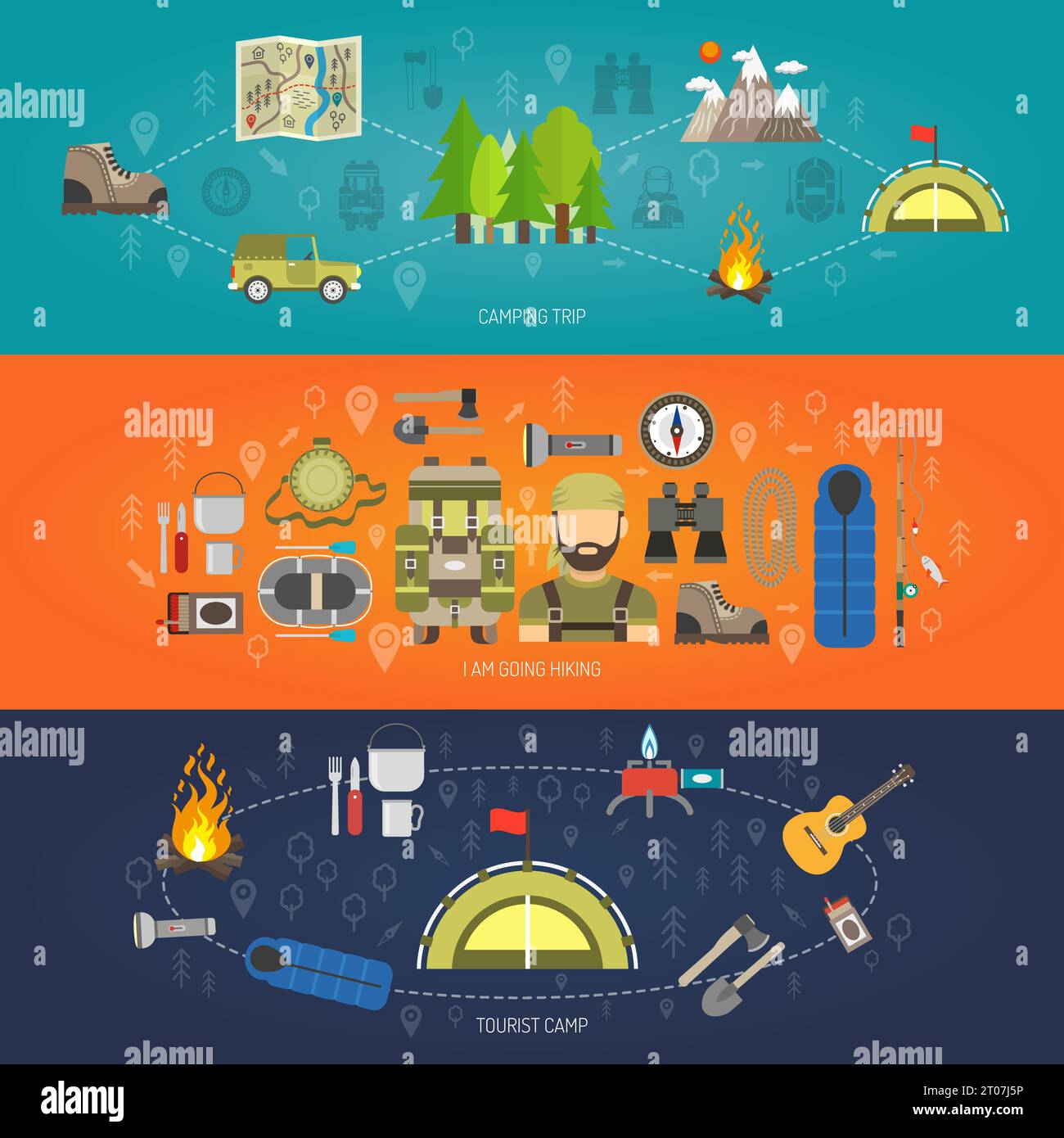 Tourism horizontal banner set with tourist camp elements isolated ...