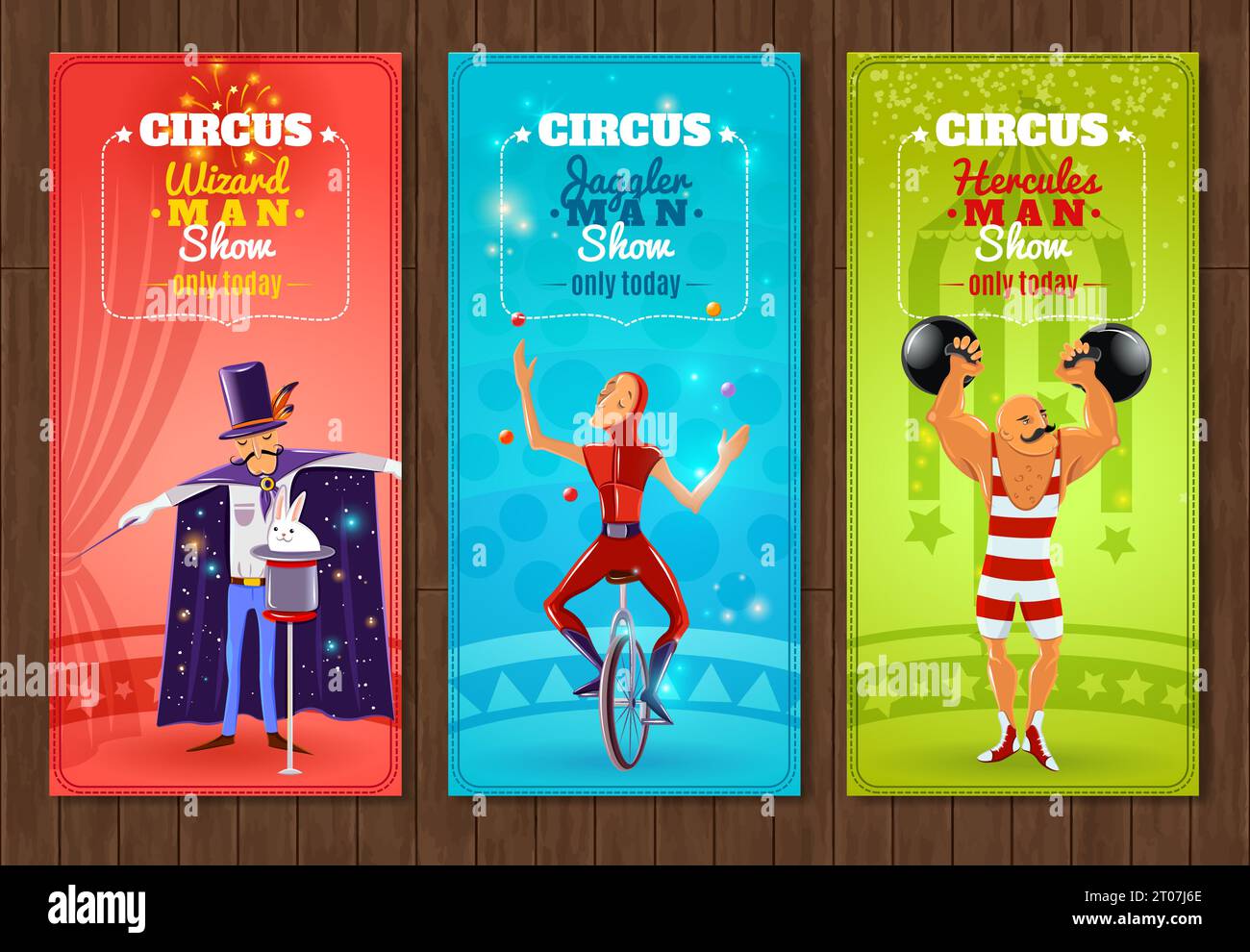Travelling circus one day show flat banners set with juggler strongman ...