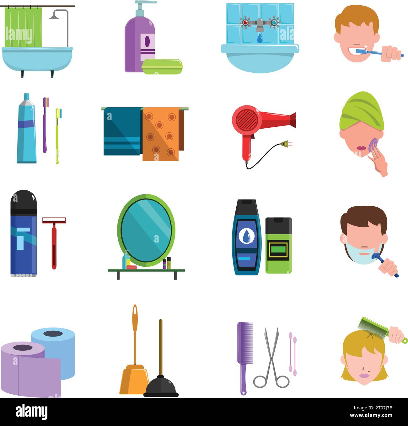 Personal care accessories flat icons set with toothbrush and hair dryer ...