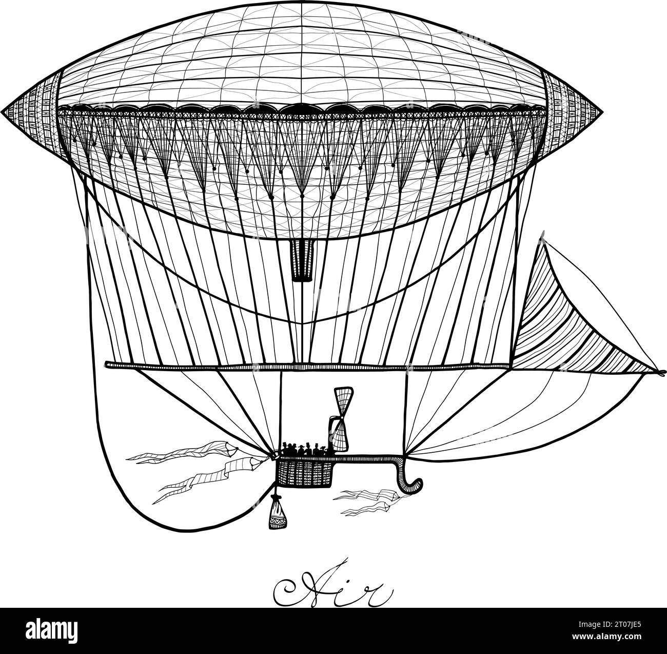 Doodle retro style zeppelin airship black pencil calligraphic vector ...