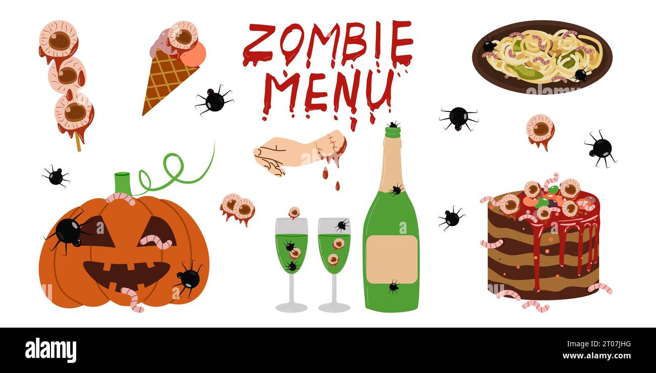 Scary Halloween dish. Zombie menu. Terrible food. Cake with worms, torn ...