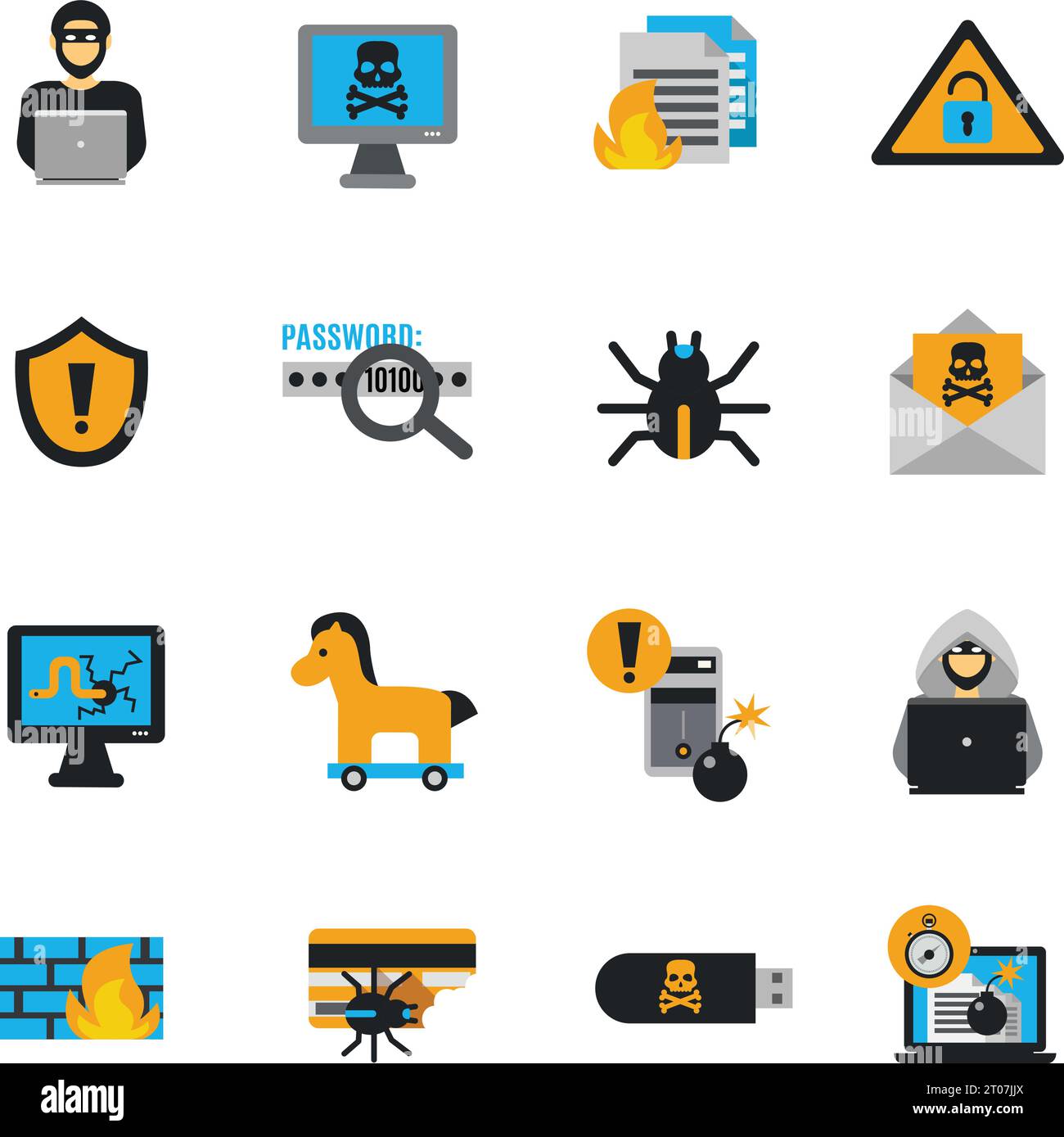 Hacker icons flat set with spam and cyber crimes symbols isolated vector illustration Stock ...