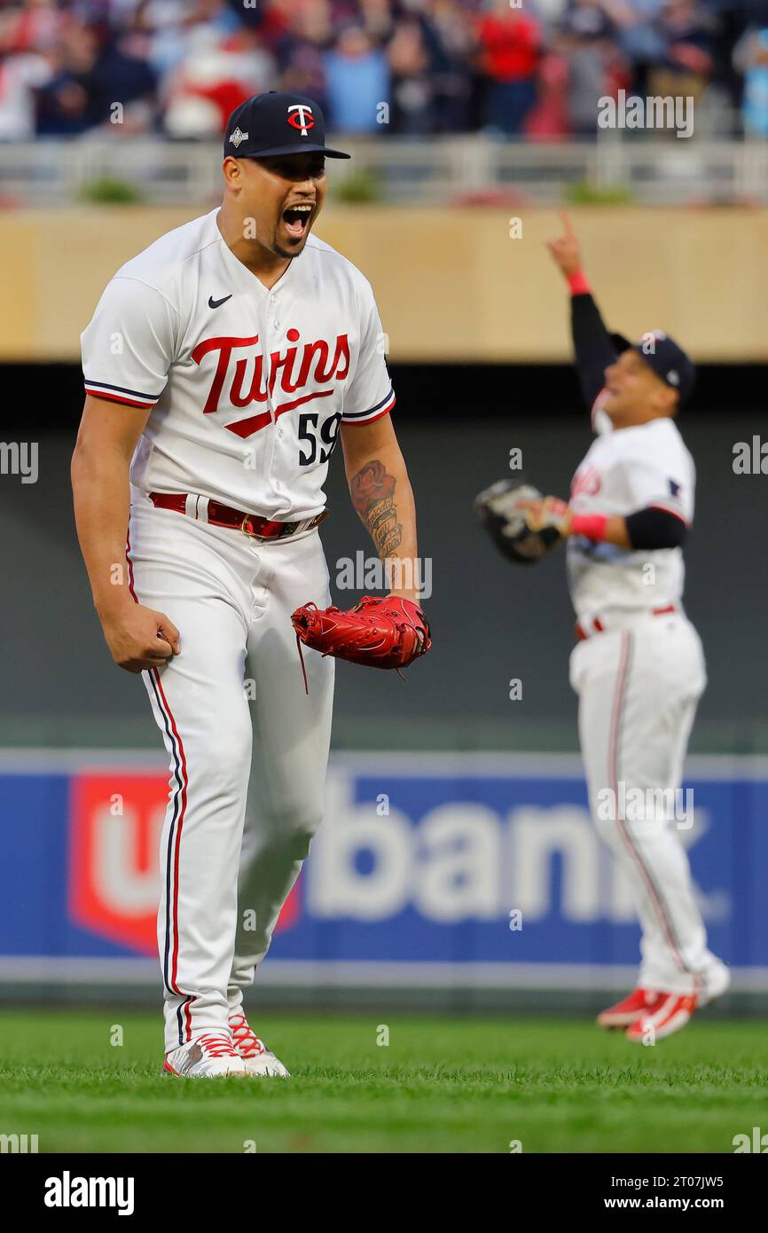 Minnesota Twins pitcher Jhoan Duran, left, and first baseman Donovan ...
