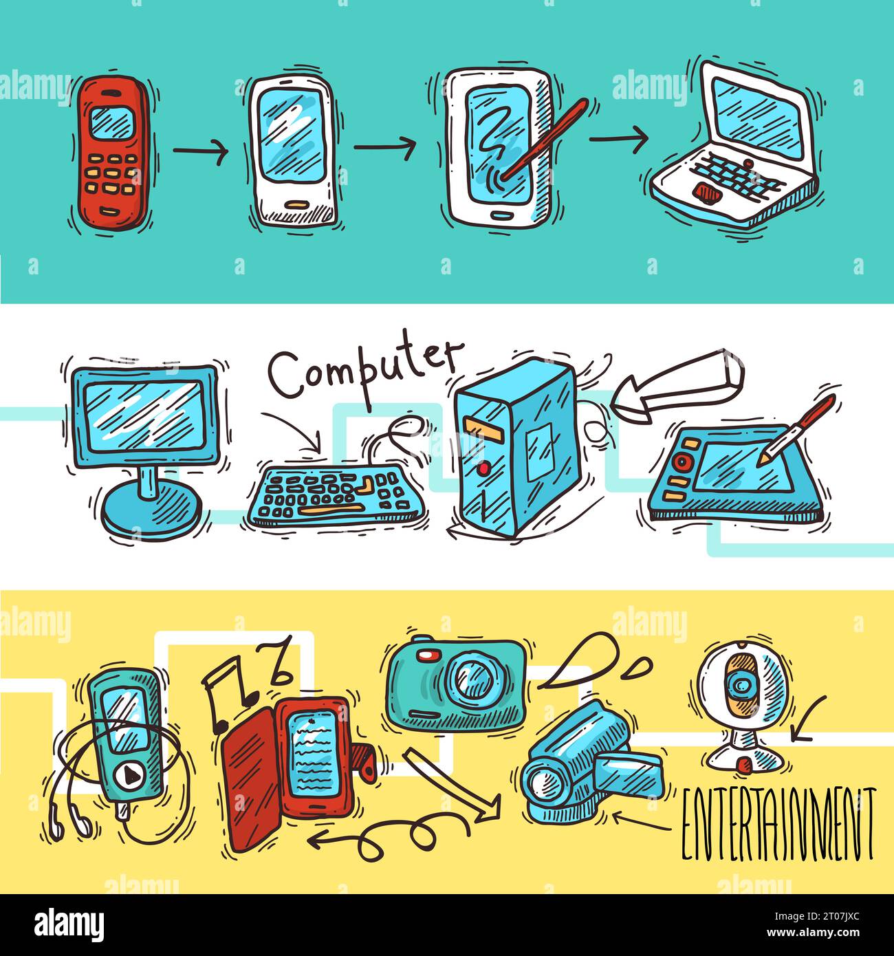 Digital device doodle banner set with video audio electronic gadgets ...