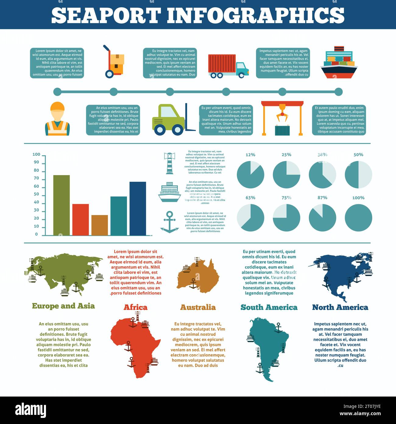 Seaport commercial delivery and shipping business infographics set with ...