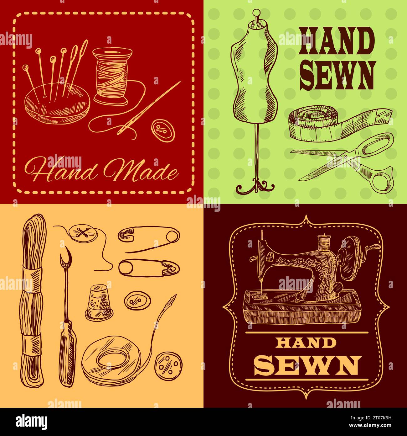 Sewing design concept with tailor equipment sketch icons set isolated ...