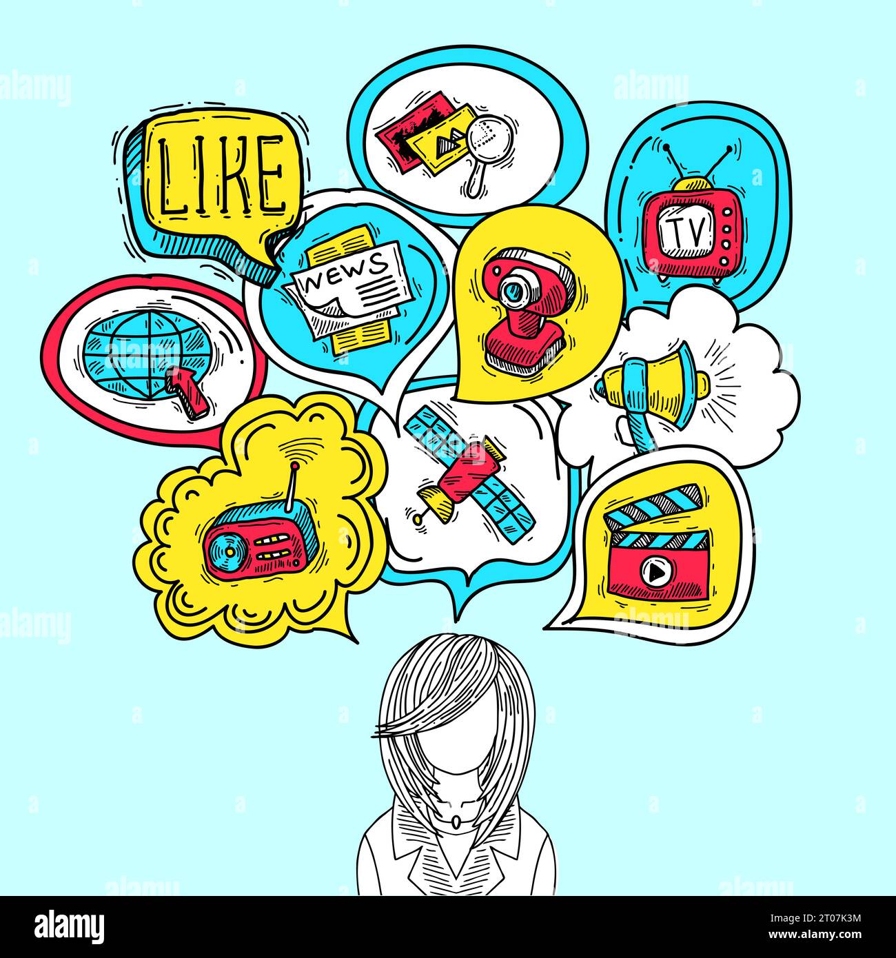 Media communication concept with girl avatar and speech bubbles sketch ...