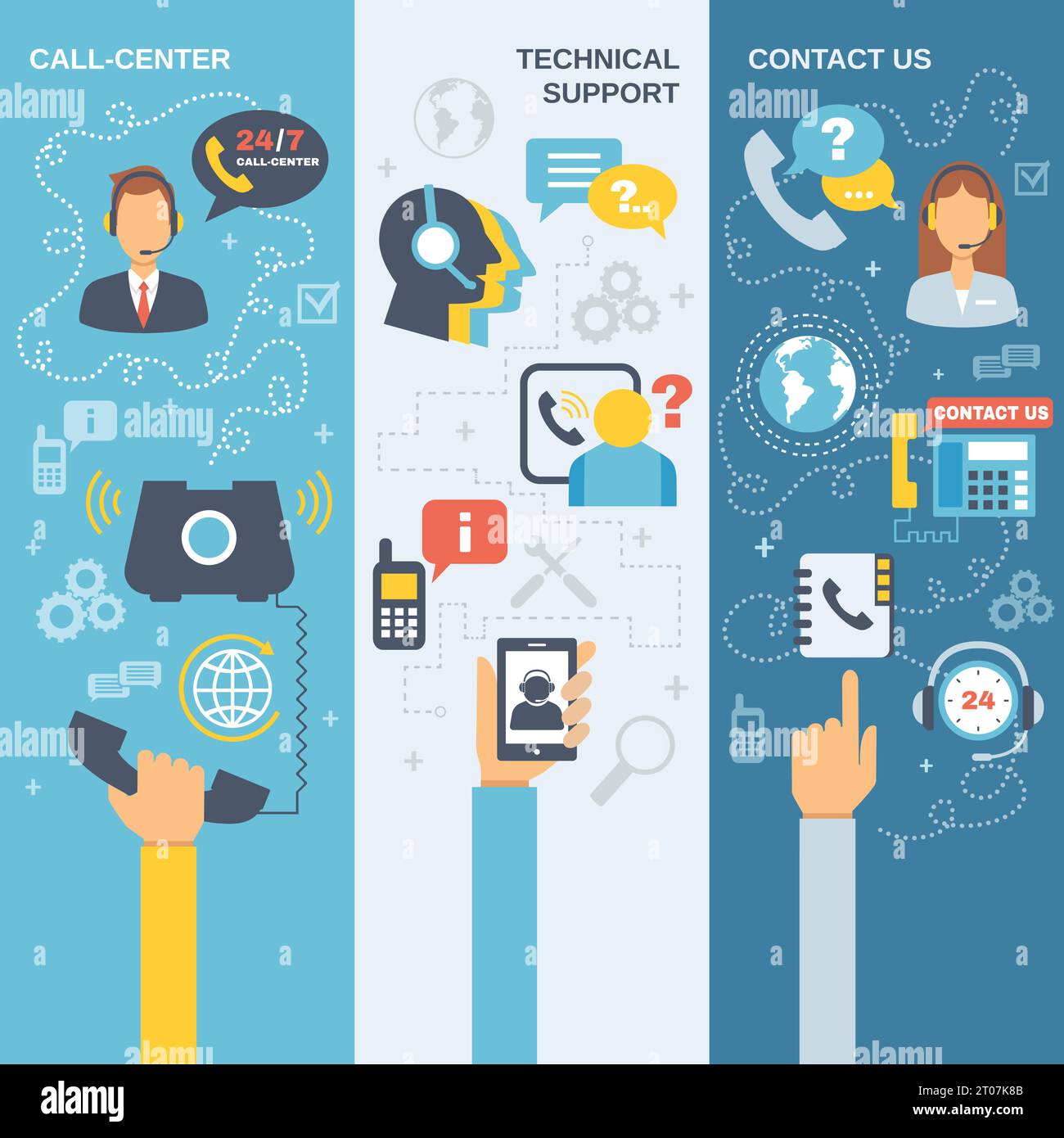 Technical support call center contact us flat vertical banner set ...