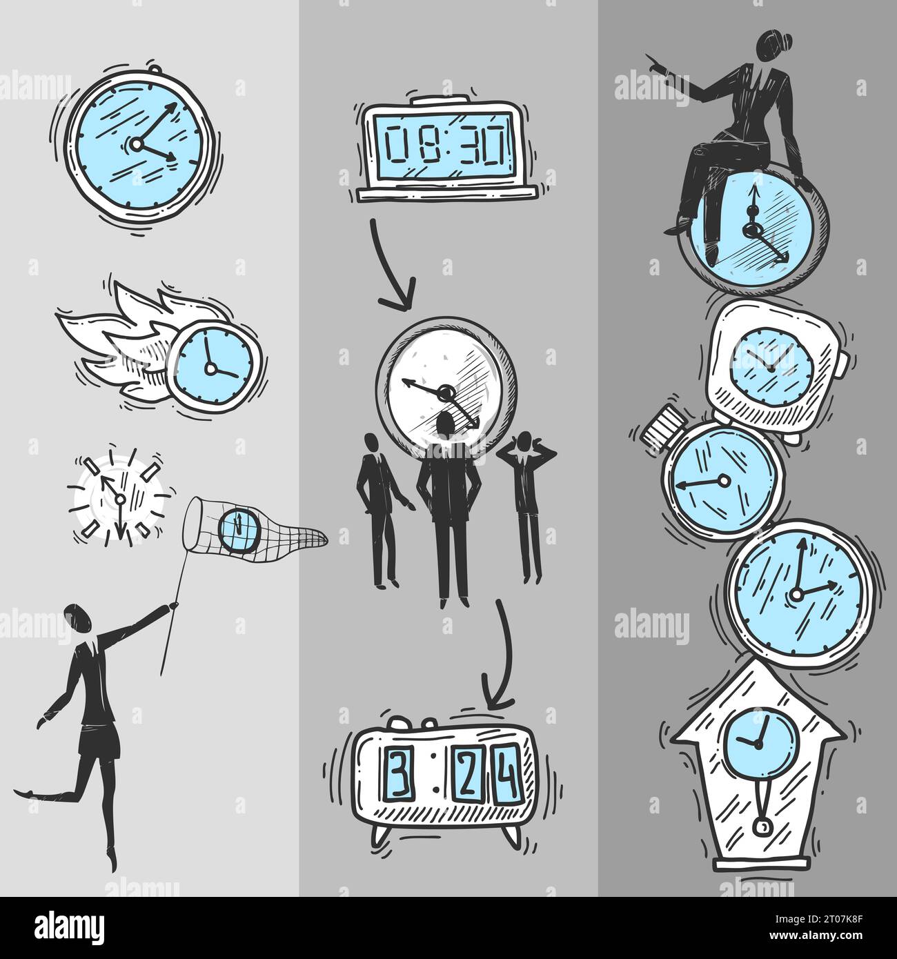 Clock vertical banners set with sketch business people and watch ...
