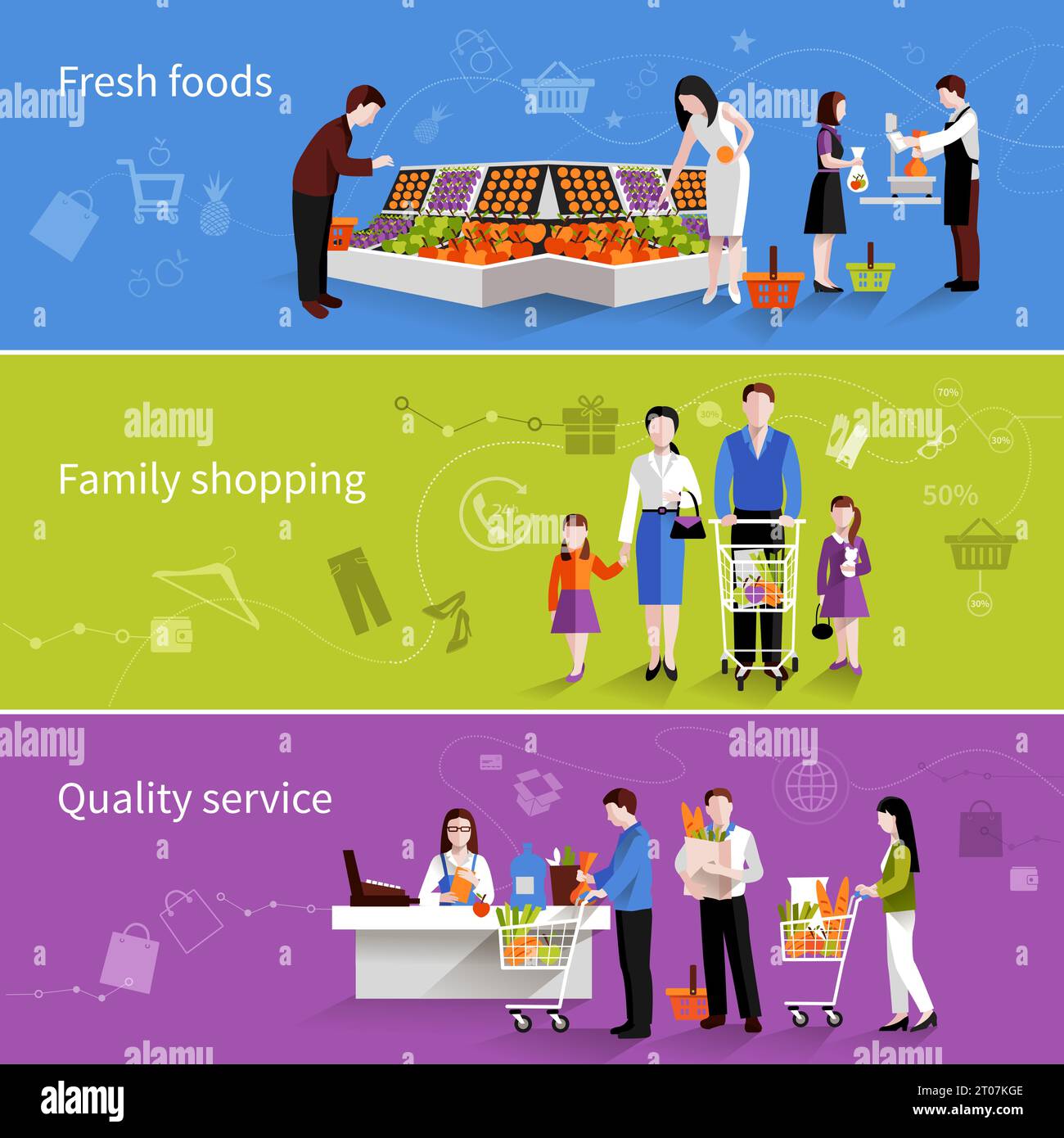 People in supermarket flat horizontal banners set with fresh foods ...