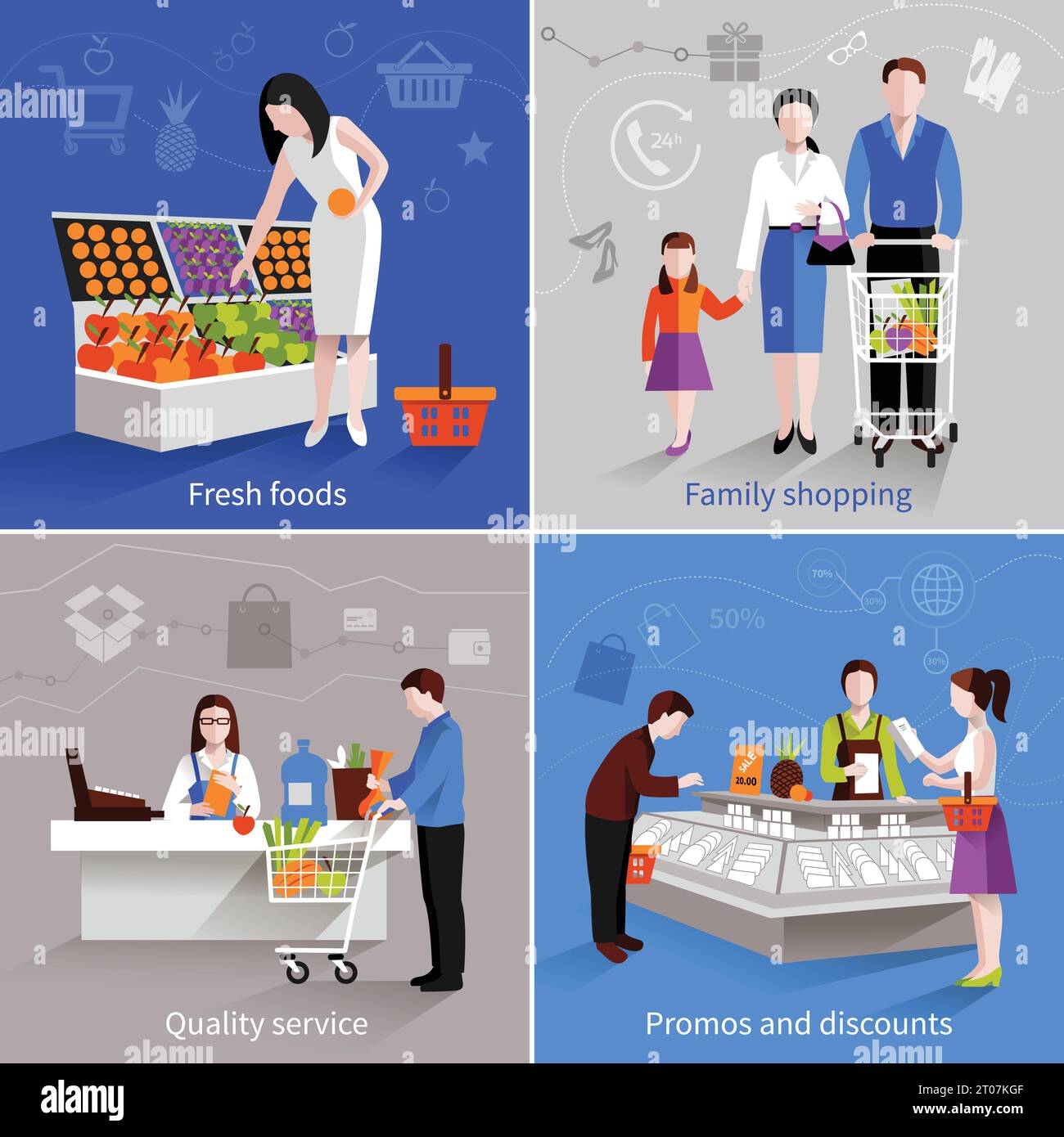 People in supermarket design concept set with fresh fruits family ...