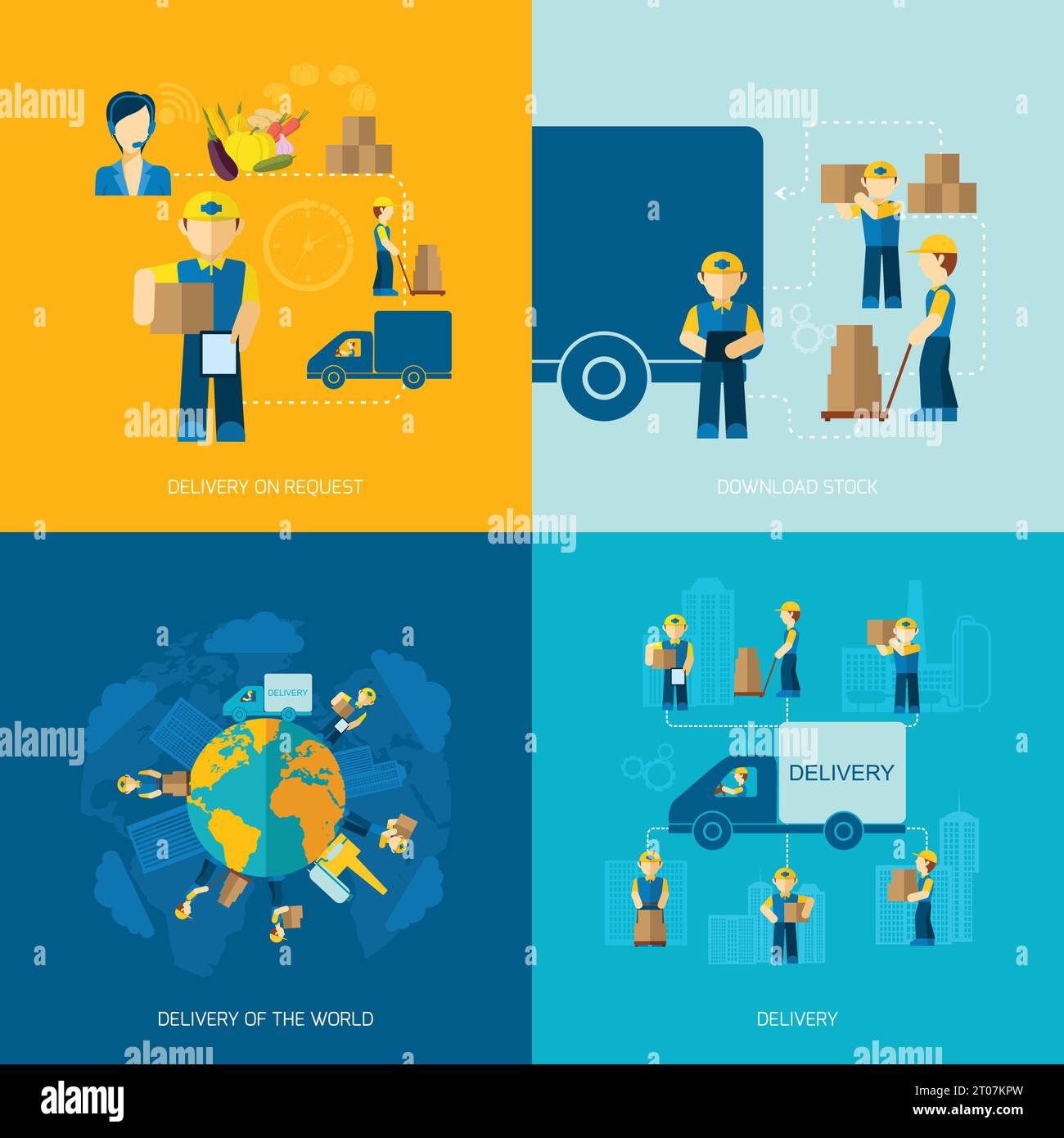 Delivery man design concepts set with request stock world icon flat ...